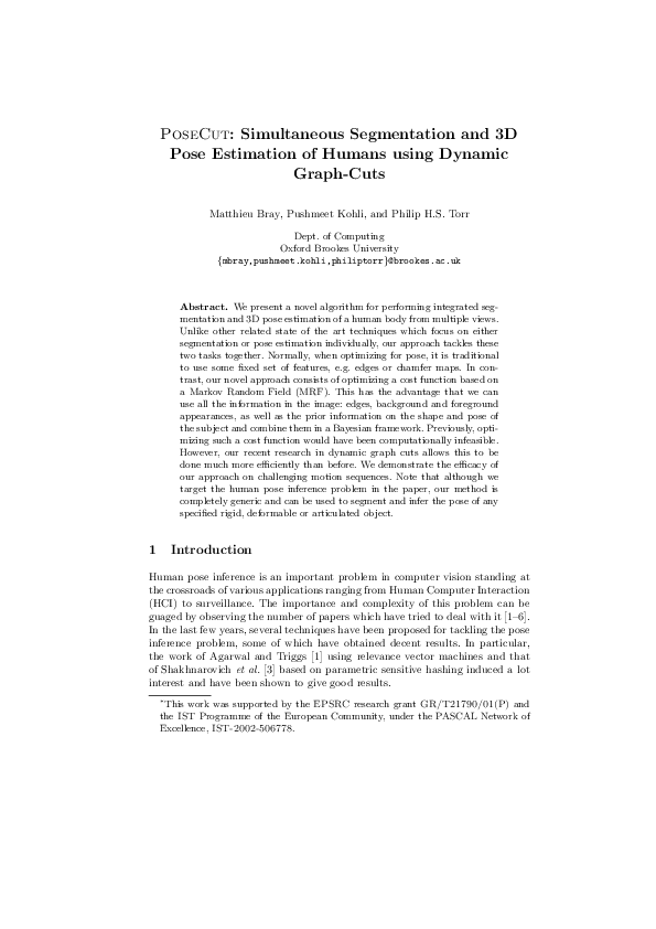 (PDF) Posecut: Simultaneous Segmentation and 3d Pose Estimation of Humans Using Dynamic Graph-Cuts