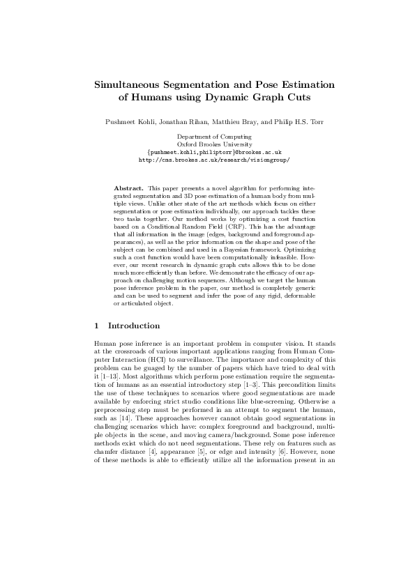 Pdf Simultaneous Segmentation And Pose Estimation Of Humans Using Dynamic Graph Cuts Philip