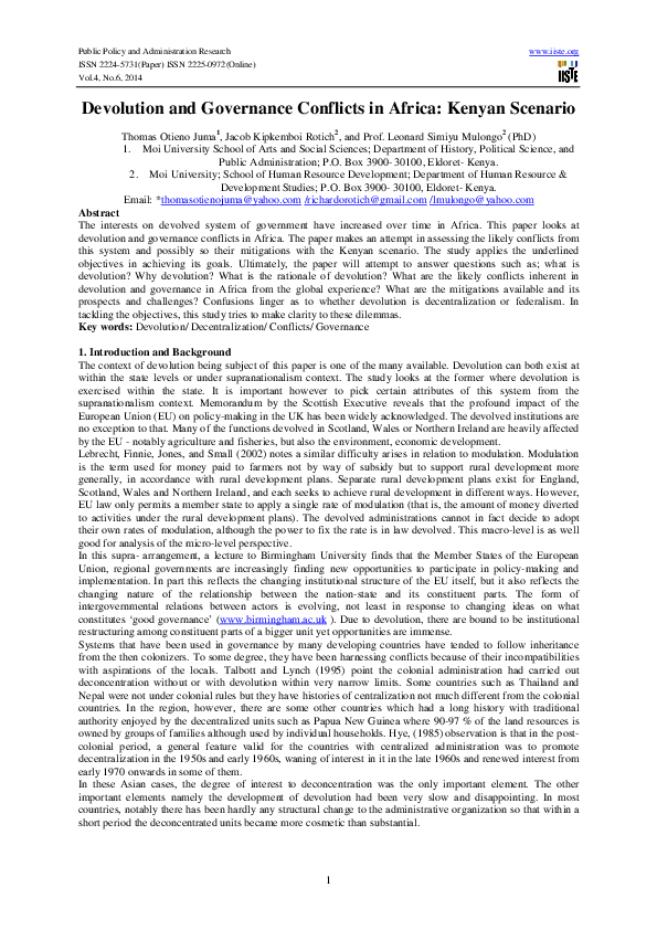 (PDF) Devolution and Governance Conflicts in Africa, Kenya's Scenario