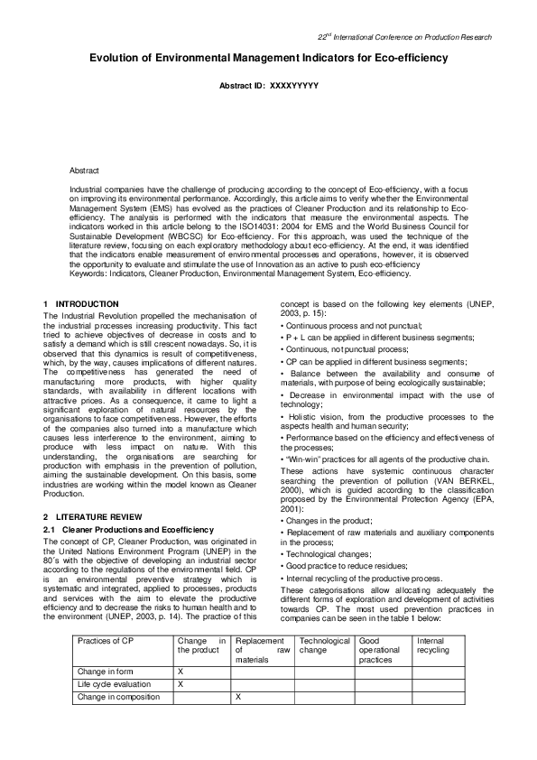 (PDF) Evolution of Environmental Management Indicators for Eco-efficiency