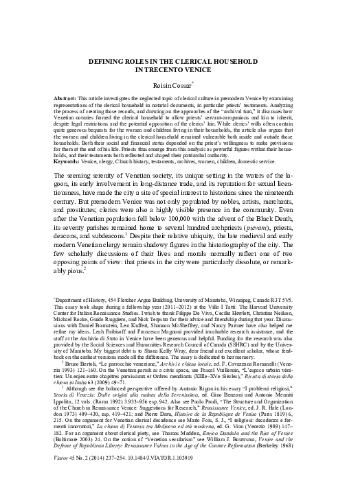 (PDF) DEFINING ROLES IN THE CLERICAL HOUSEHOLD IN TRECENTO VENICE