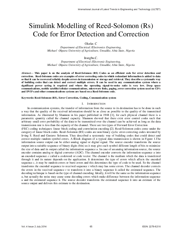 Simulink Modelling Of Reed Solomon Rs Code For Error Detection And Correction 