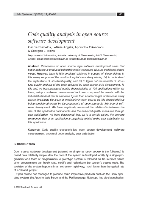 (PDF) Code Quality Analysis In Open Source Software Development