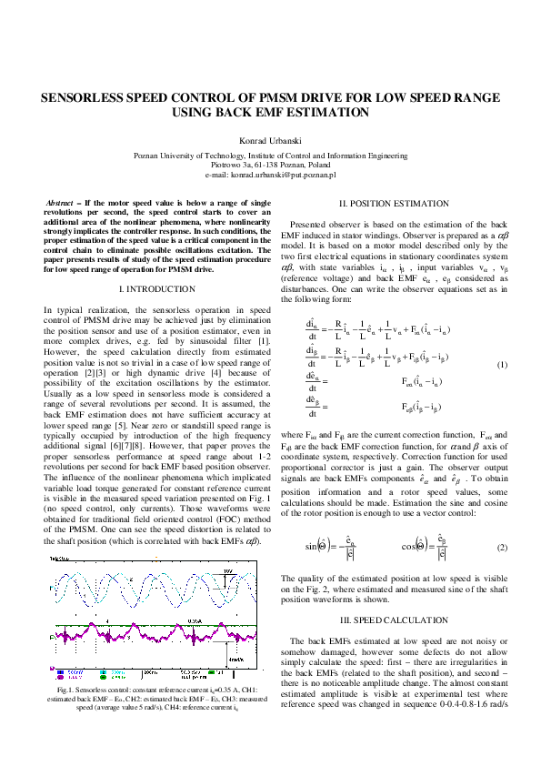 Sensorless Speed Control Of Pmsm Drive For Low Speed Range Using Back