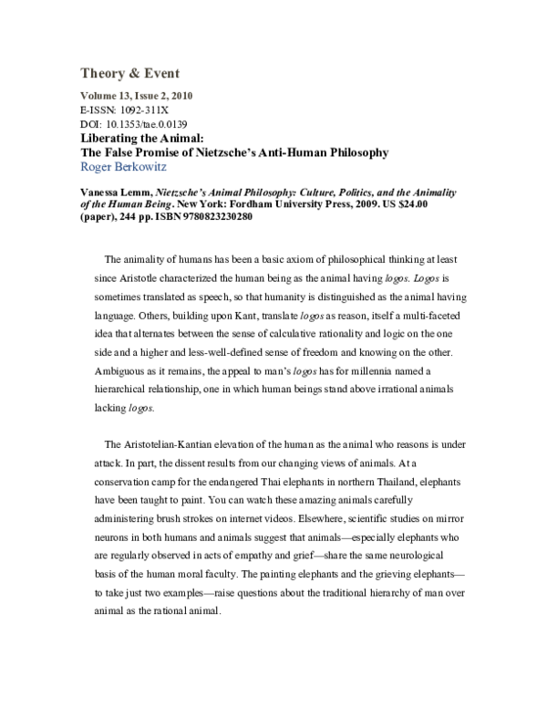 (PDF) Liberating the Animal: The False Promise of Nietzsche's Anti ...