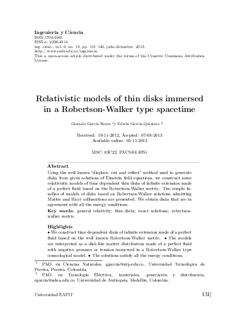 (PDF) Relativistic models of thin disks immersed in a Robertson-Walker type spacetime
