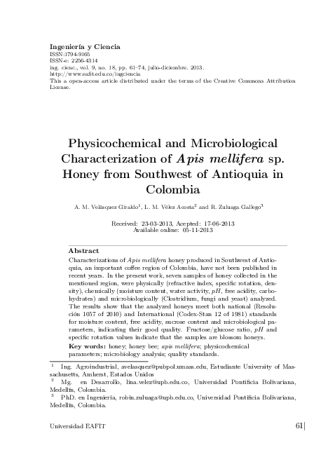 (PDF) Physicochemical and microbiological characterization of Apis mellifera sp. honey from ...