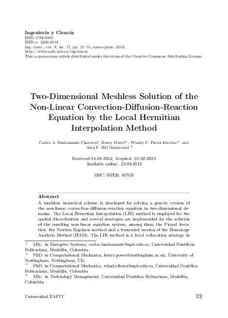Pdf Two Dimensional Meshless Solution Of The Non Linear Convection Diffusion Reaction Equation 
