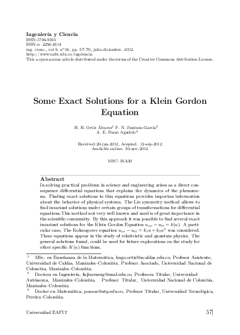 (PDF) Some Exact Solutions for a Klein Gordon Equation