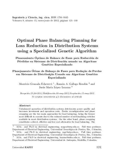 Pdf Optimal Phase Balancing Planning For Loss Reduction In Distribution Systems Using A