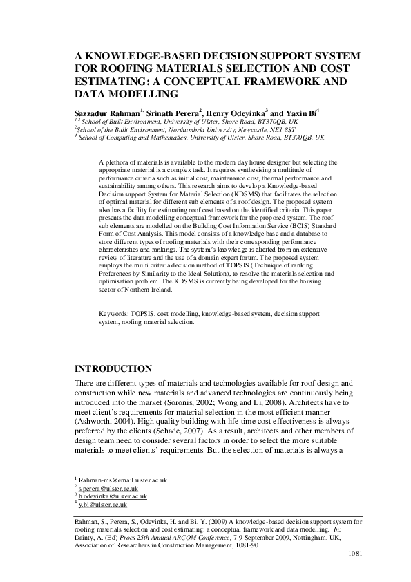 (PDF) A Knowledge-Based Decision Support System for Roofing Materials Selection and Cost ...