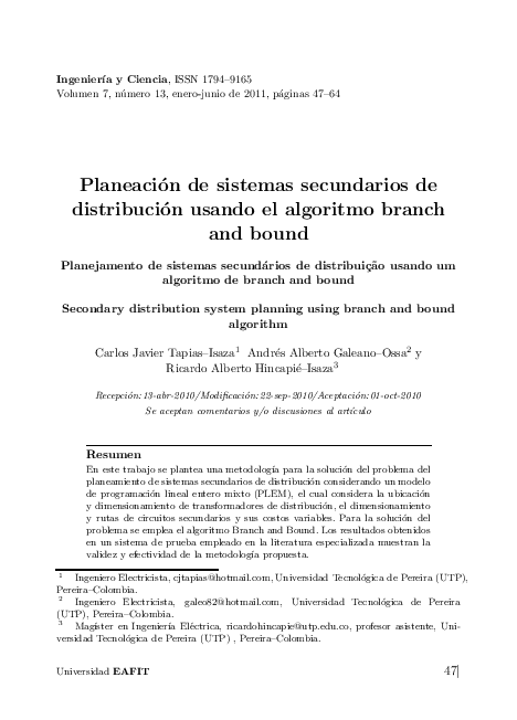 (PDF) Planeación de sistemas secundarios de distribución usando el algoritmo Branch and Bound