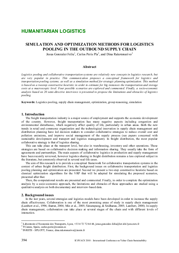 (PDF) Simulation and optimization for logistics pooling in the outbound supply chain | Jesus ...