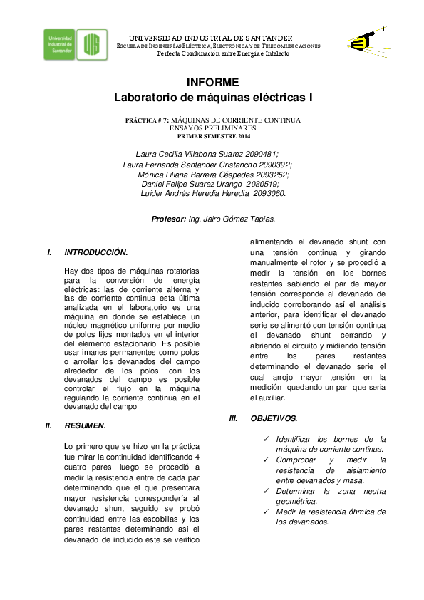 (DOC) INFORME Laboratorio de máquinas eléctricas I PRÁCTICA # 7: MÁQUINAS DE CORRIENTE CONTINUA ...