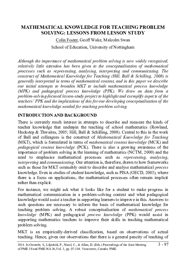 (PDF) Mathematical knowledge for teaching problem solving: Lessons from lesson study