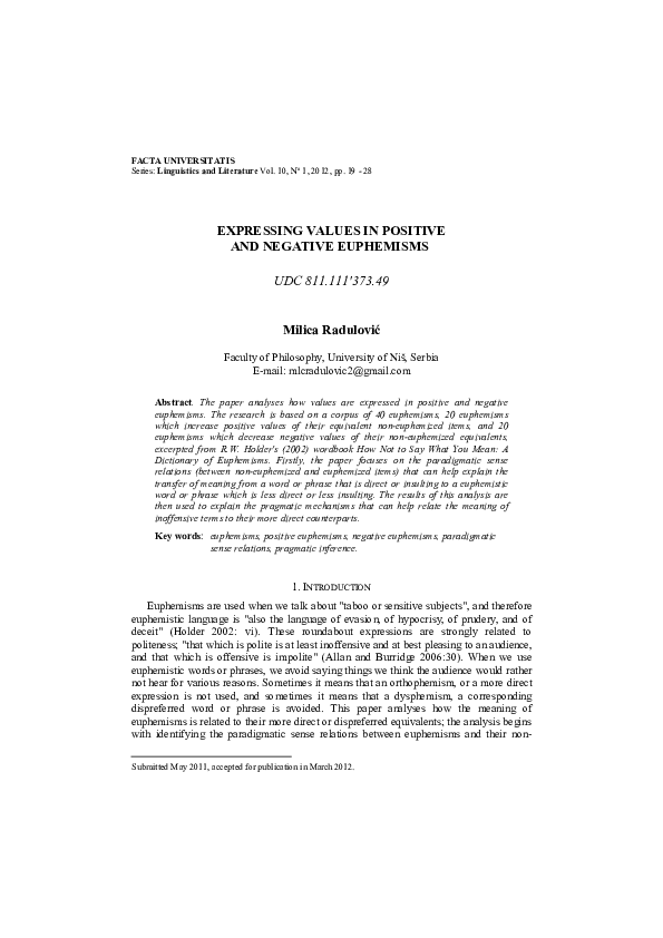 (PDF) EXPRESSING VALUES IN POSITIVE AND NEGATIVE EUPHEMISMS