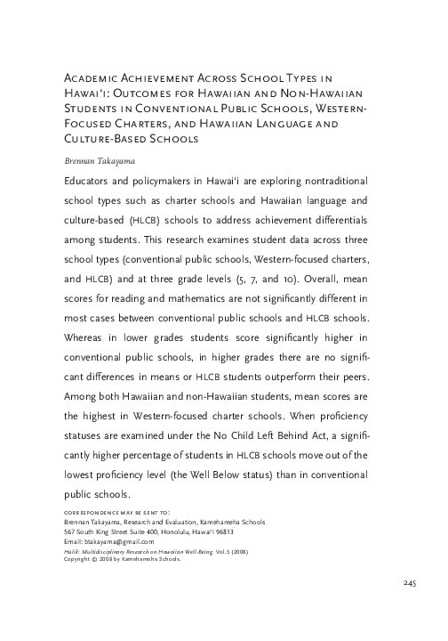 (PDF) Academic Achievement Across School Types in Hawaiÿi: Outcomes for ...