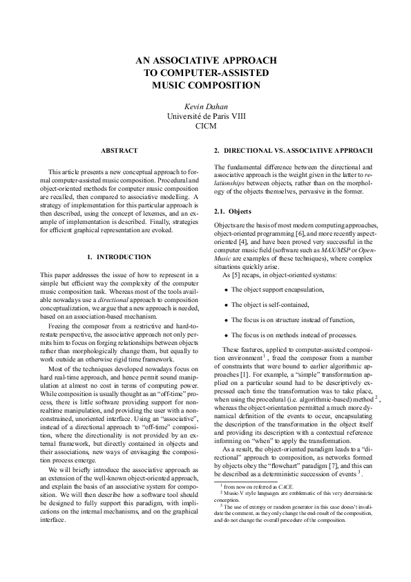 (PDF) AN ASSOCIATIVE APPROACH TO COMPUTER-ASSISTED MUSIC COMPOSITION | Kevin Dahan - Academia.edu