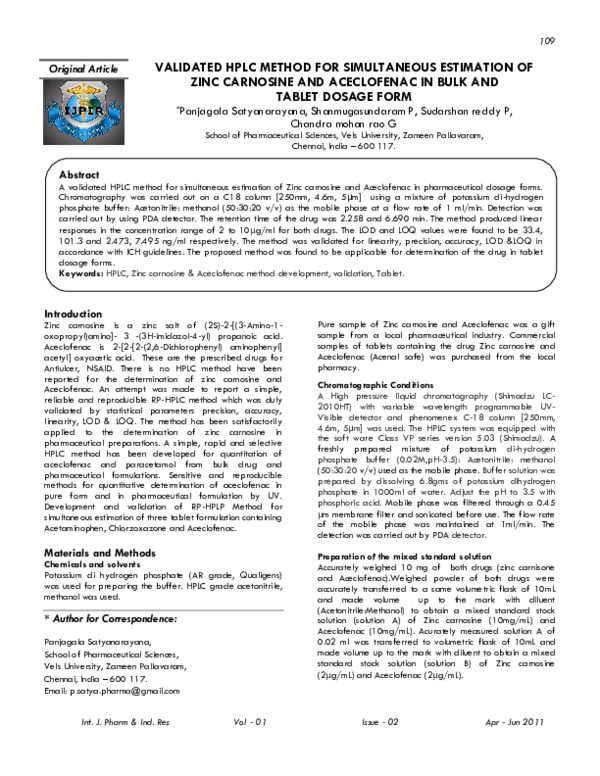 (PDF) Validated HPLC method for simultaneous estimation of Zinc cornosine and Acelocfenac in ...
