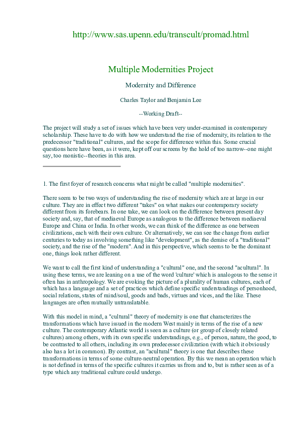 (DOC) Multiple Modernities Project Modernity and Difference