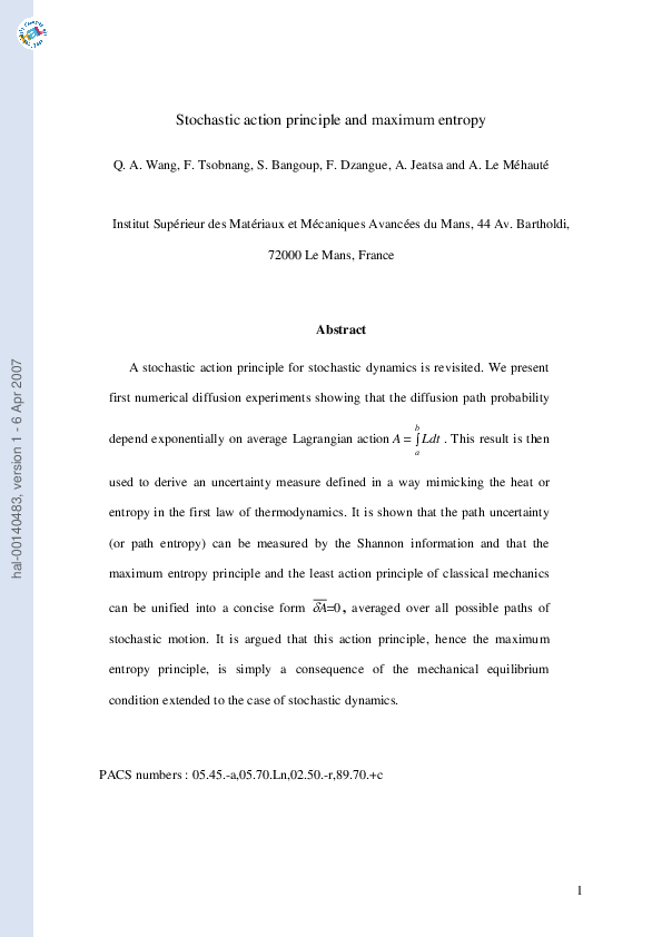 (PDF) Stochastic action principle and maximum entropy