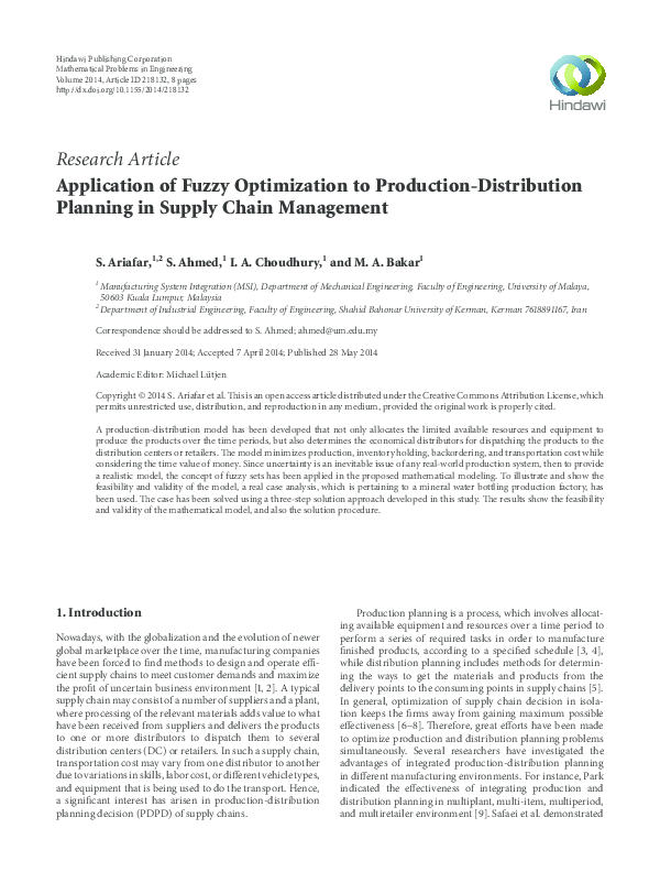 Pdf Application Of Fuzzy Optimization To Production Distribution