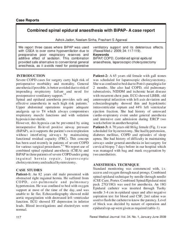 (PDF) Combined Spinal Epidural Anaesthesia With BiPAP-A Case Report