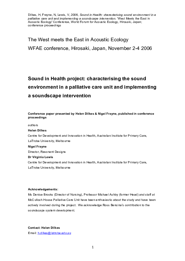 (PDF) Dilkes, H, Frayne, N, Lewis, V, 2006, Sound in Health ...
