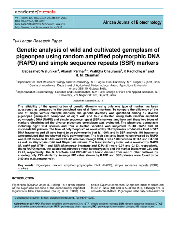 (PDF) Genetic analysis of wild and cultivated germplasm of pigeonpea using random amplified ...