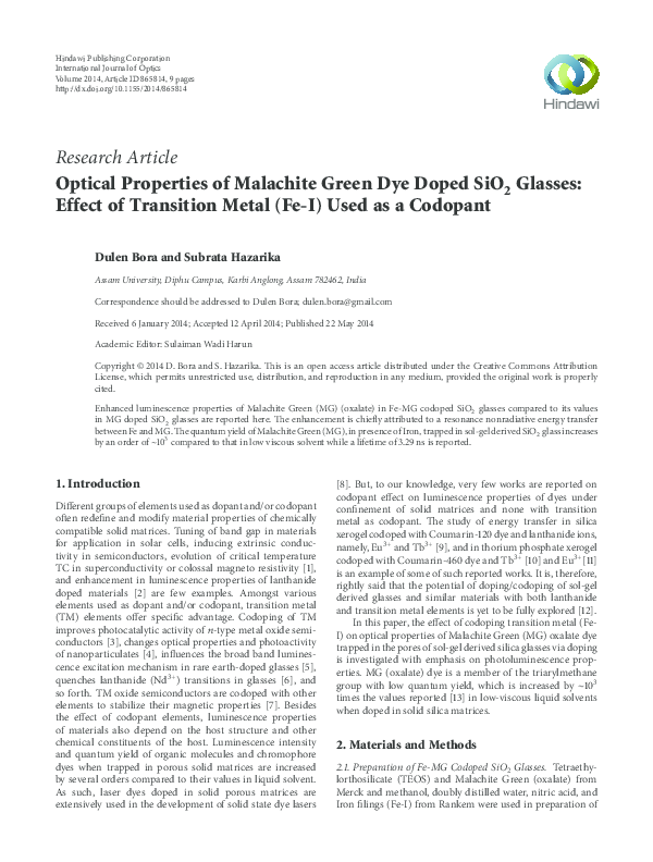 (PDF) Optical Properties of Malachite Green Dye Doped SiO2 Glasses: Effect of Transition Metal ...