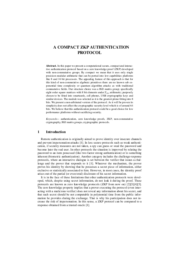 (PDF) A COMPACT ZKP AUTHENTICATION PROTOCOL