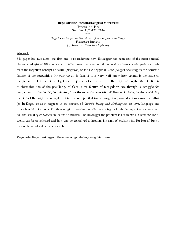 (PDF) Hegel, Heidegger and desire: from Begierde to Sorge