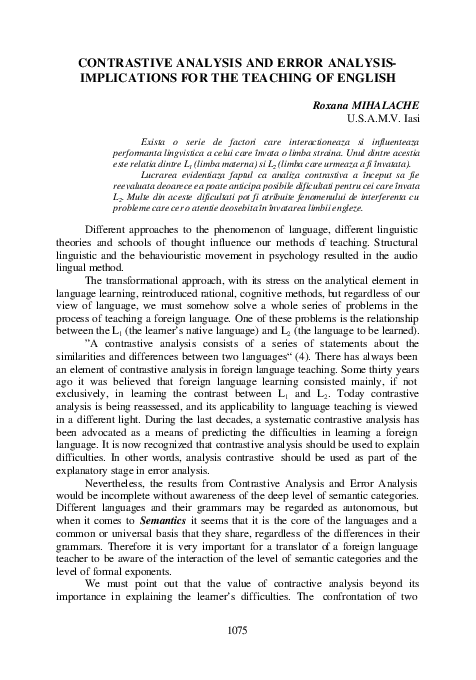 (PDF) CONTRASTIVE ANALYSIS AND ERROR ANALYSIS-IMPLICATIONS FOR THE TEACHING OF ENGLISH