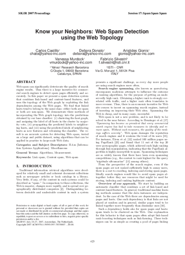 (PDF) Know Your Neighbors: Web Spam Detection Using the Web Topology