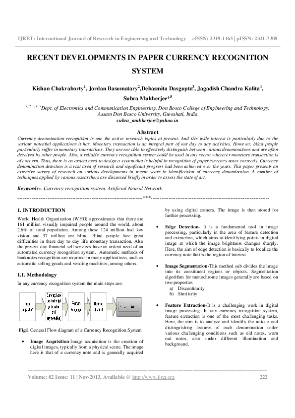 (PDF) IJRET :Recent developments in paper currency recognition system