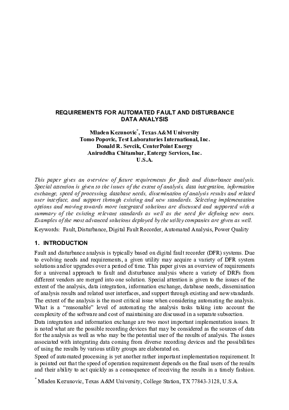 (PDF) Requirements for Automated Fault and Disturbance Data Analysis