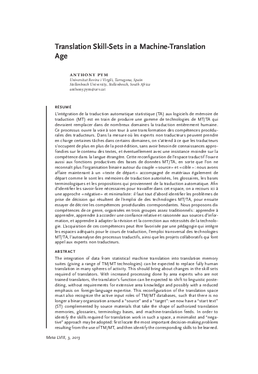(PDF) Translation Skill-Sets in a Machine-Translation Age