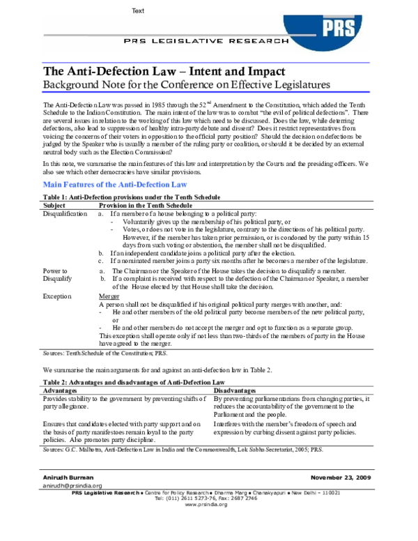 (PDF) The Anti-Defection Law – Intent and Impact Background Note for ...
