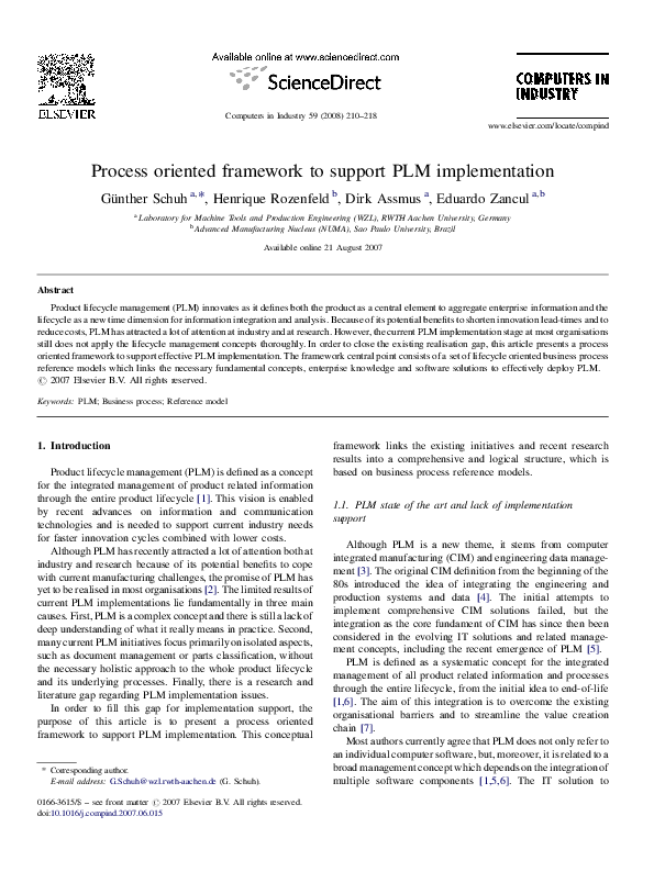 Process Oriented Framework To Support Plm Implementation