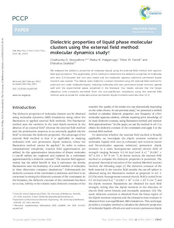 (PDF) Dielectric Properties of Liquid Phase Molecular Clusters using External Field Method ...