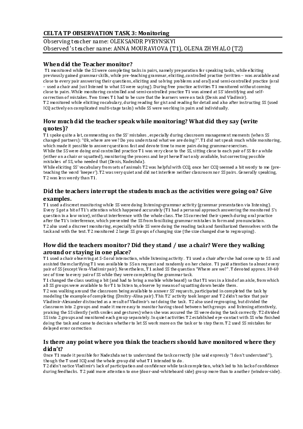 (PDF) CELTA TP OBSERVATION TASK 3