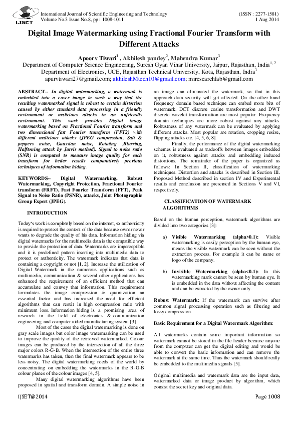 Pdf Digital Image Watermarking Using Fractional Fourier Transform With Different Attacks