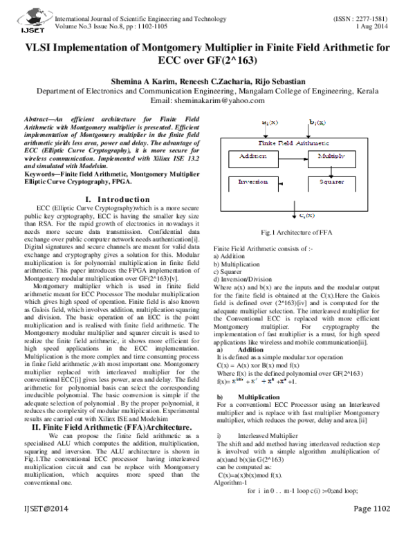 Pdf Vlsi Implementation Of Montgomery Multiplier In Finite Field Arithmetic For Ecc Over Gf 2