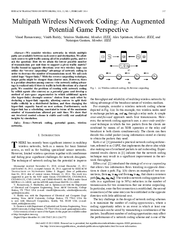 Pdf Multipath Wireless Network Coding An Augmented Potential Game Perspective Pandiyammal E