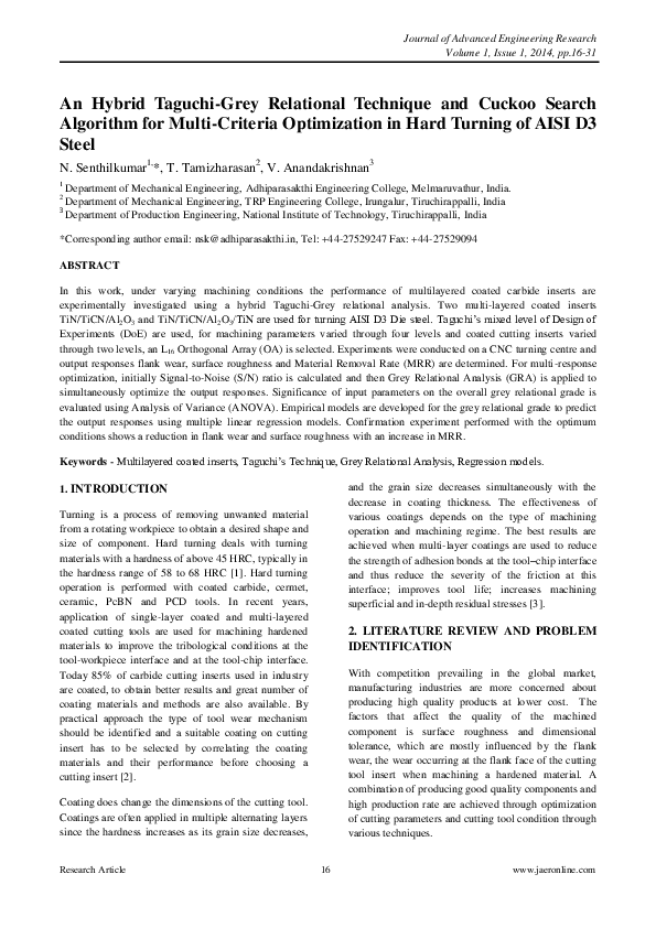 Pdf An Hybrid Taguchi Grey Relational Technique And Cuckoo Search