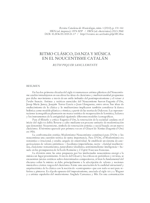 (PDF) Ritmo clásico, danza y música en el Noucentisme catalán.