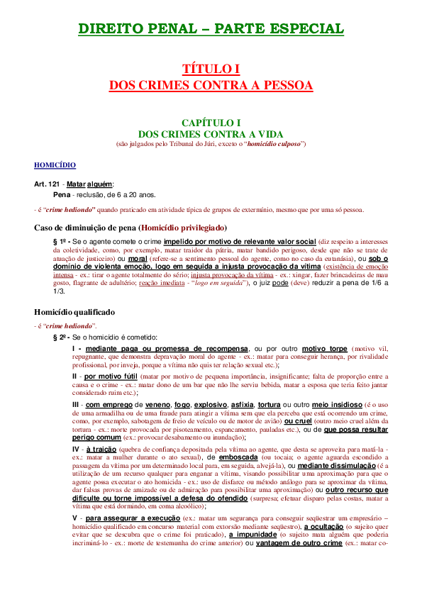 (PDF) DIREITO PENAL – PARTE ESPECIAL TÍTULO I DOS CRIMES CONTRA A PESSOA CAPÍTULO I DOS CRIMES ...
