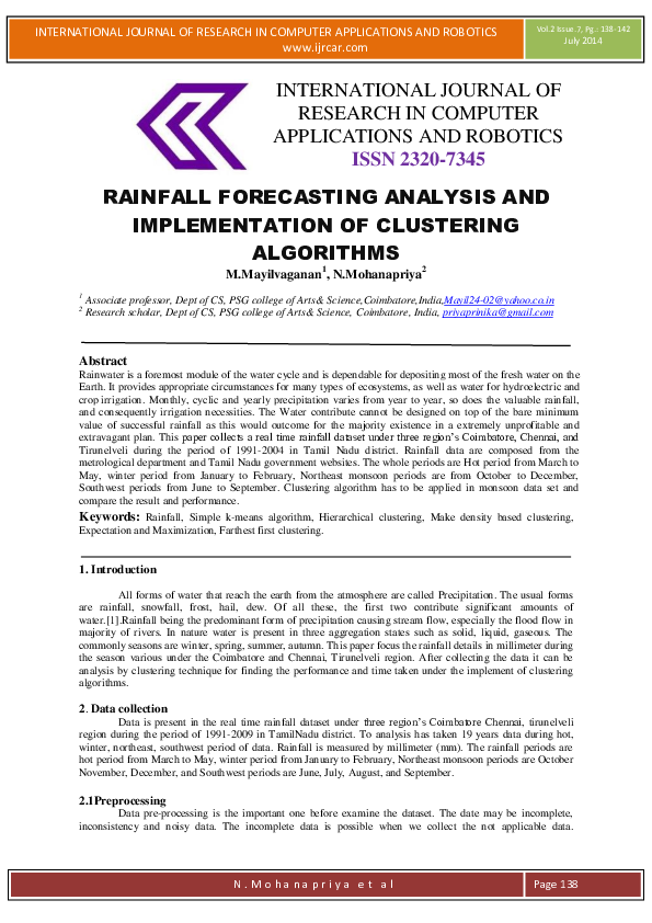 Rainfall Forecasting Analysis And Implementation Of Clustering Algorithms