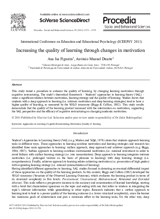 (PDF) Increasing the quality of learning through changes in motivation.