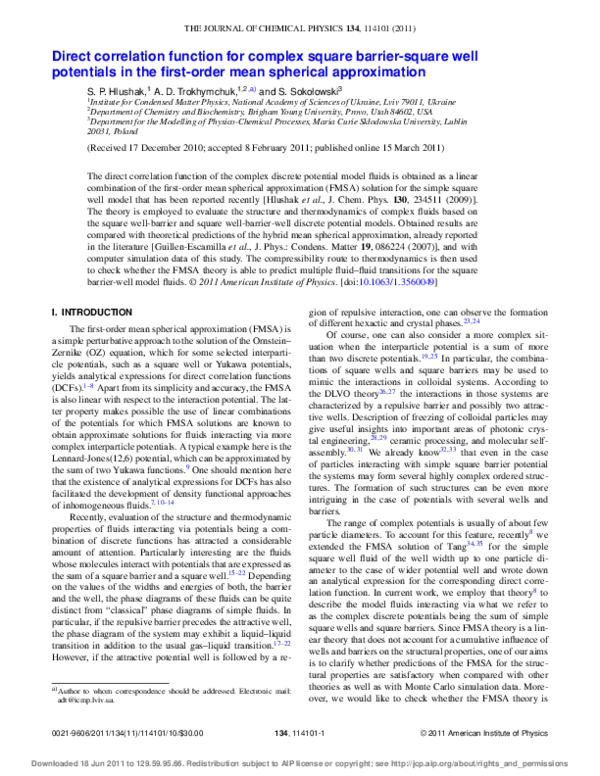 (PDF) Direct correlation function for complex square barrier-square well potentials in the first ...